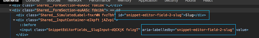 Snippet editor: improve aria-labelledby and aria-describedby usage (also Failed prop type ...