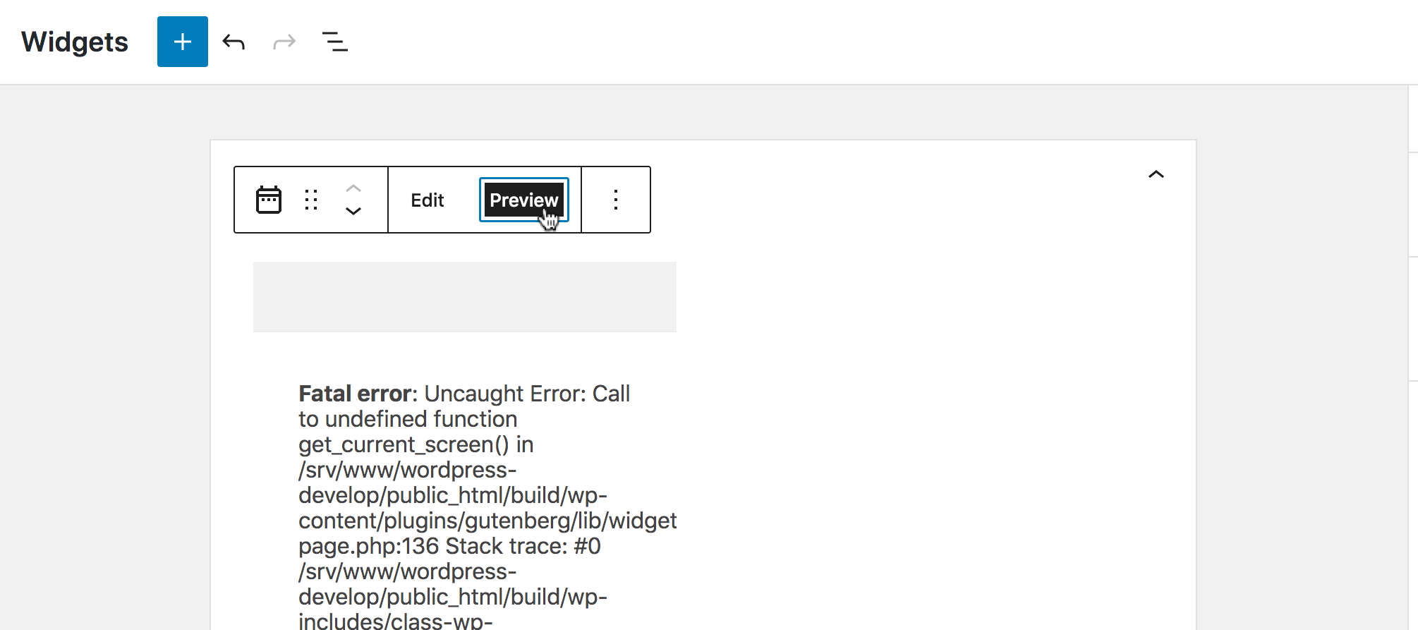 Widgets screen: PHP fatal error when switching a Legacy widget to Preview · Issue #25912 ...