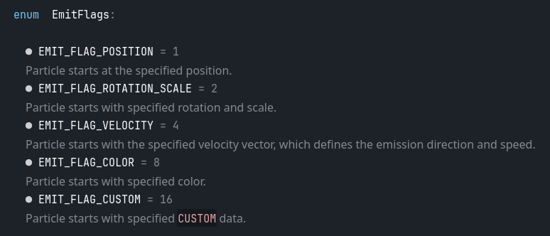 GPU Particles' `emit_particle()` lacks clarity with the usage of the `EmitFlag` values · Issue ...