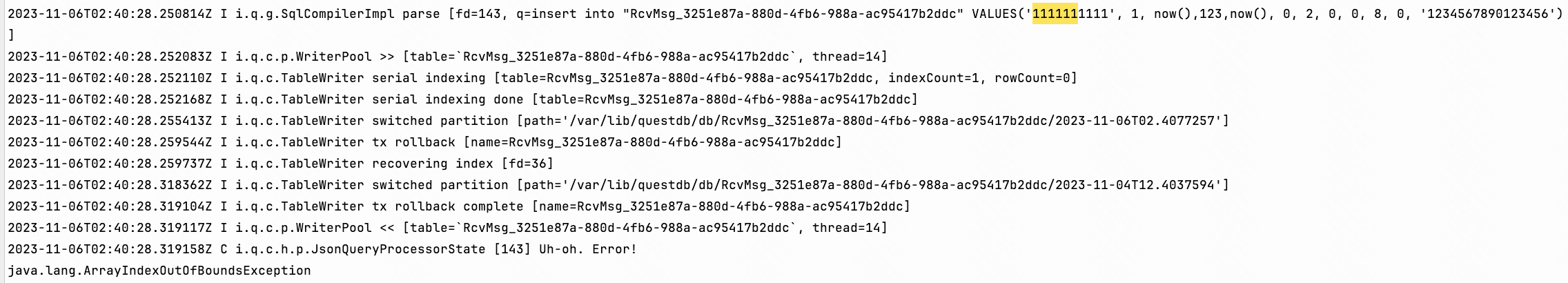 Insert Failed With Java Lang Arrayindexoutofboundsexception · Issue 3916 · Questdb Questdb · Github