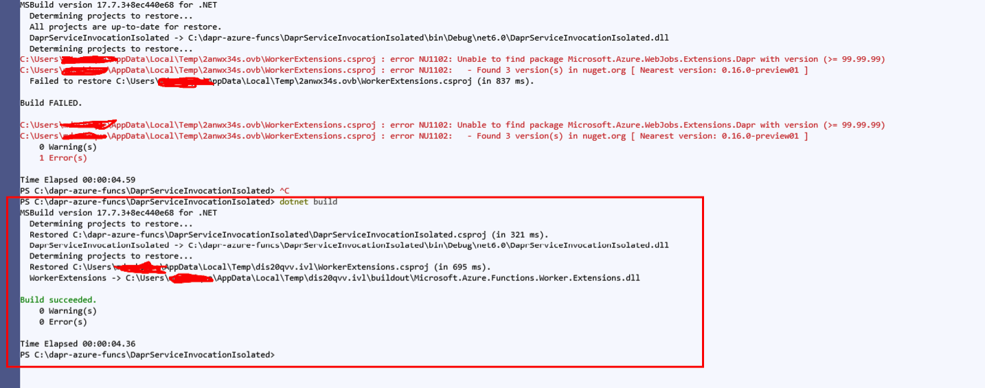 Unable To Find Package Microsoft Azure Webjobs Extensions Dapr With Version 99 99 99