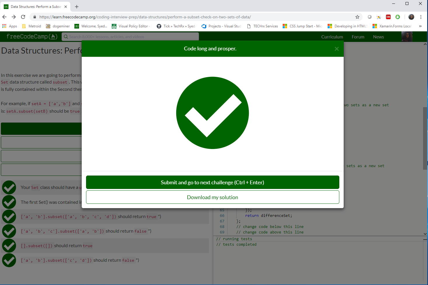 "Data Structures: Perform a Subset Check on Two Sets of Data" passes ...