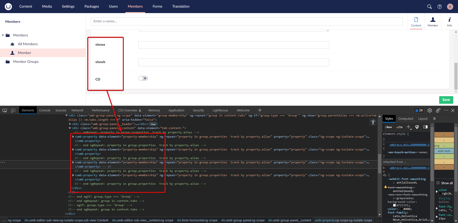data-element when creating a new member are wrong and is the same on all properties · Issue ...