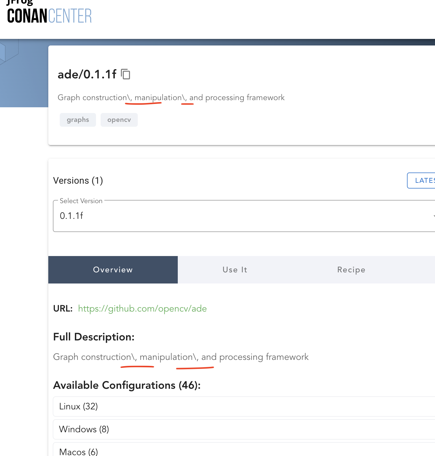 [conan.io/center] Project descriptions get funky escape characters on ...
