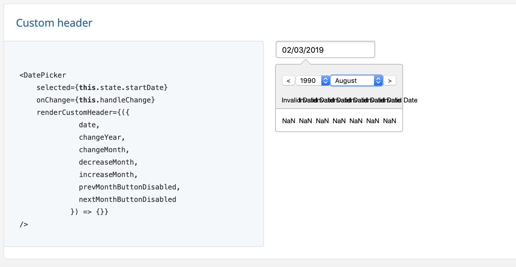 Custom Header does not support previous year · Issue #1630 · Hacker0x01/react-datepicker · GitHub