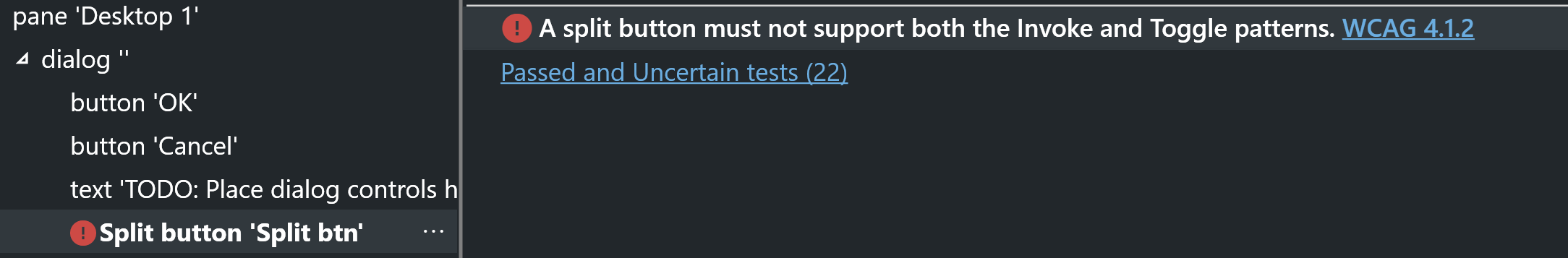 [BUG] Improve Message: "A split button must not support both the Invoke and Toggle patterns ...
