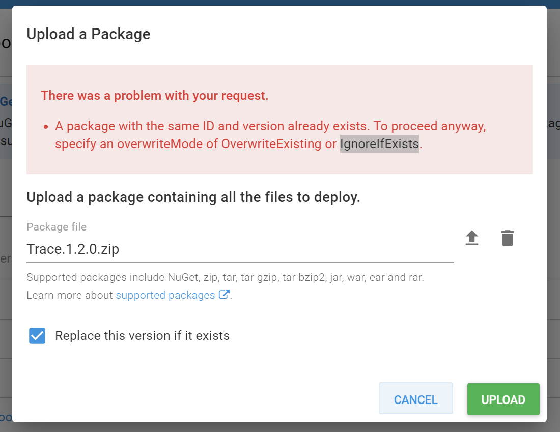 The replace checkbox does not work on the Upload Package dialog · Issue ...
