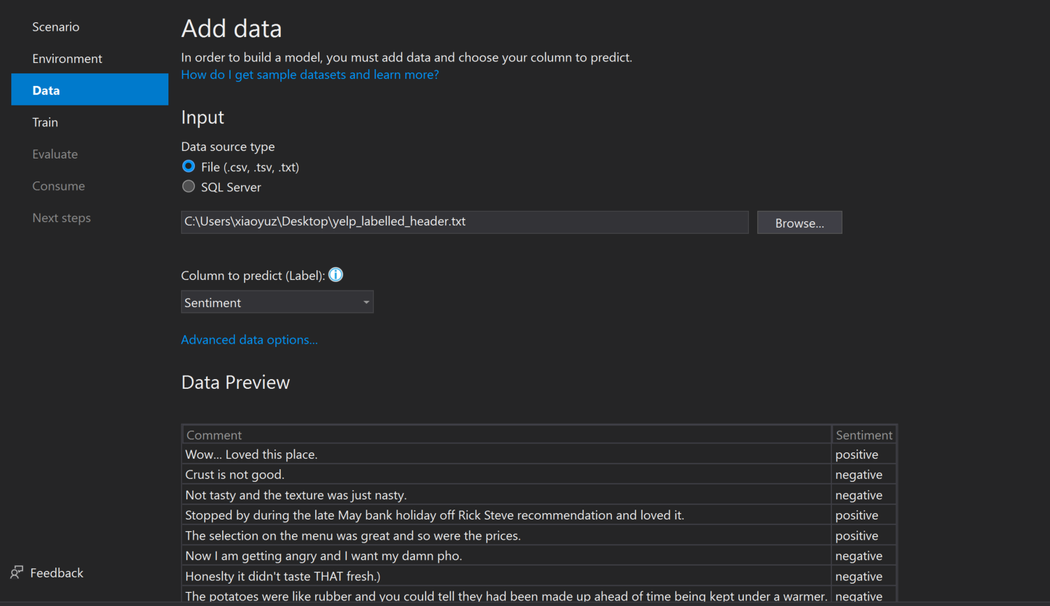 Data and training tab are not cleared when switching between scenarios ...