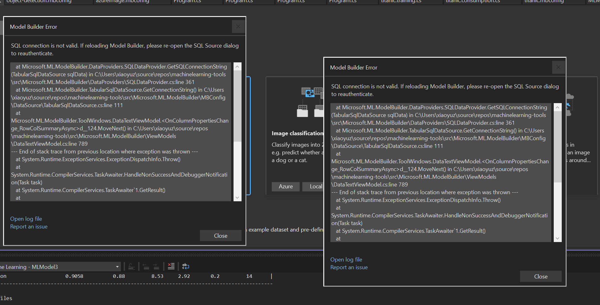 Multiple re-auth window prompt up when reopening .mbconfig with data source as SQL server ...