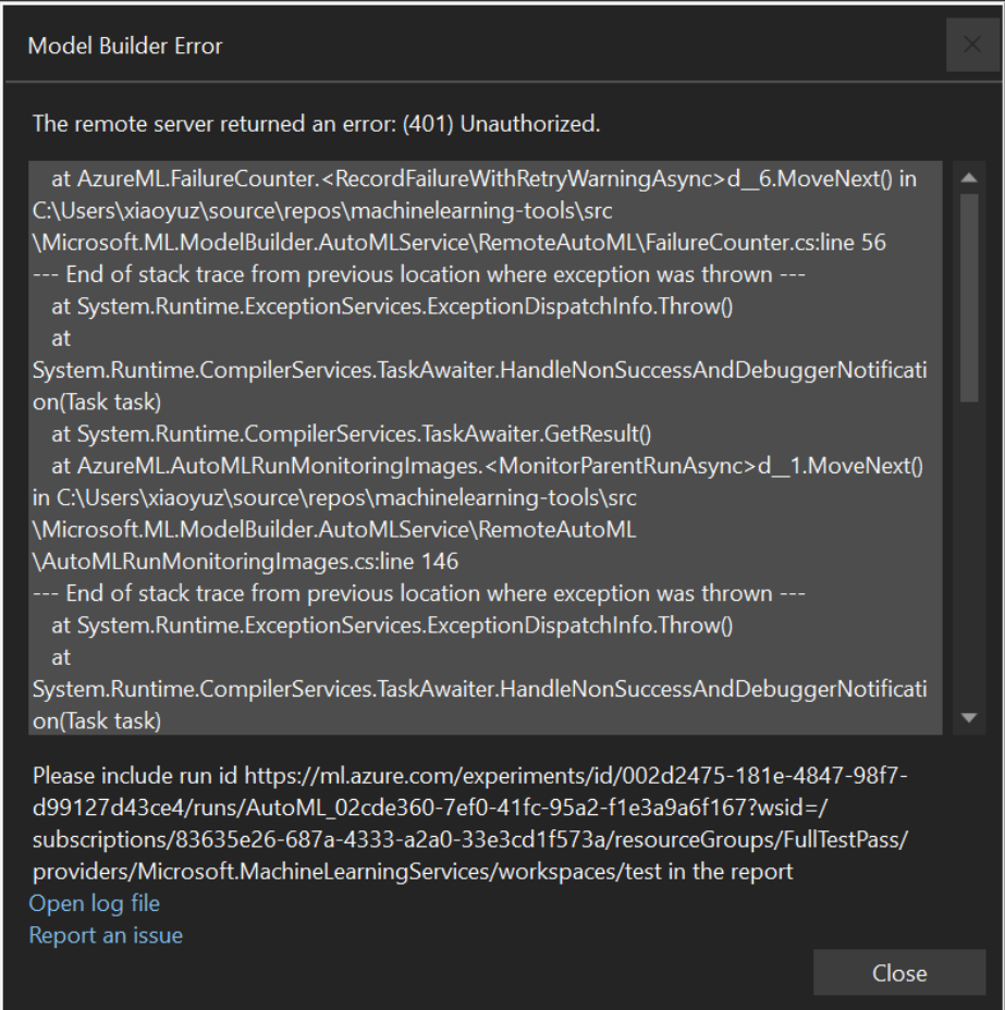 Azure auth fail · Issue #2214 · dotnet/machinelearning-modelbuilder · GitHub