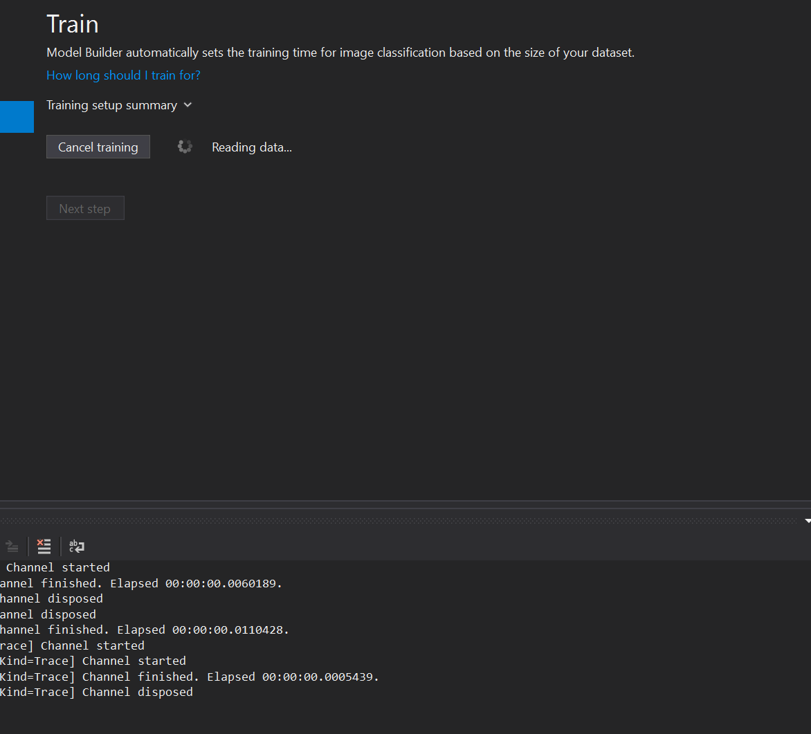 Image training status still shows "Reading data" while the trianing ...