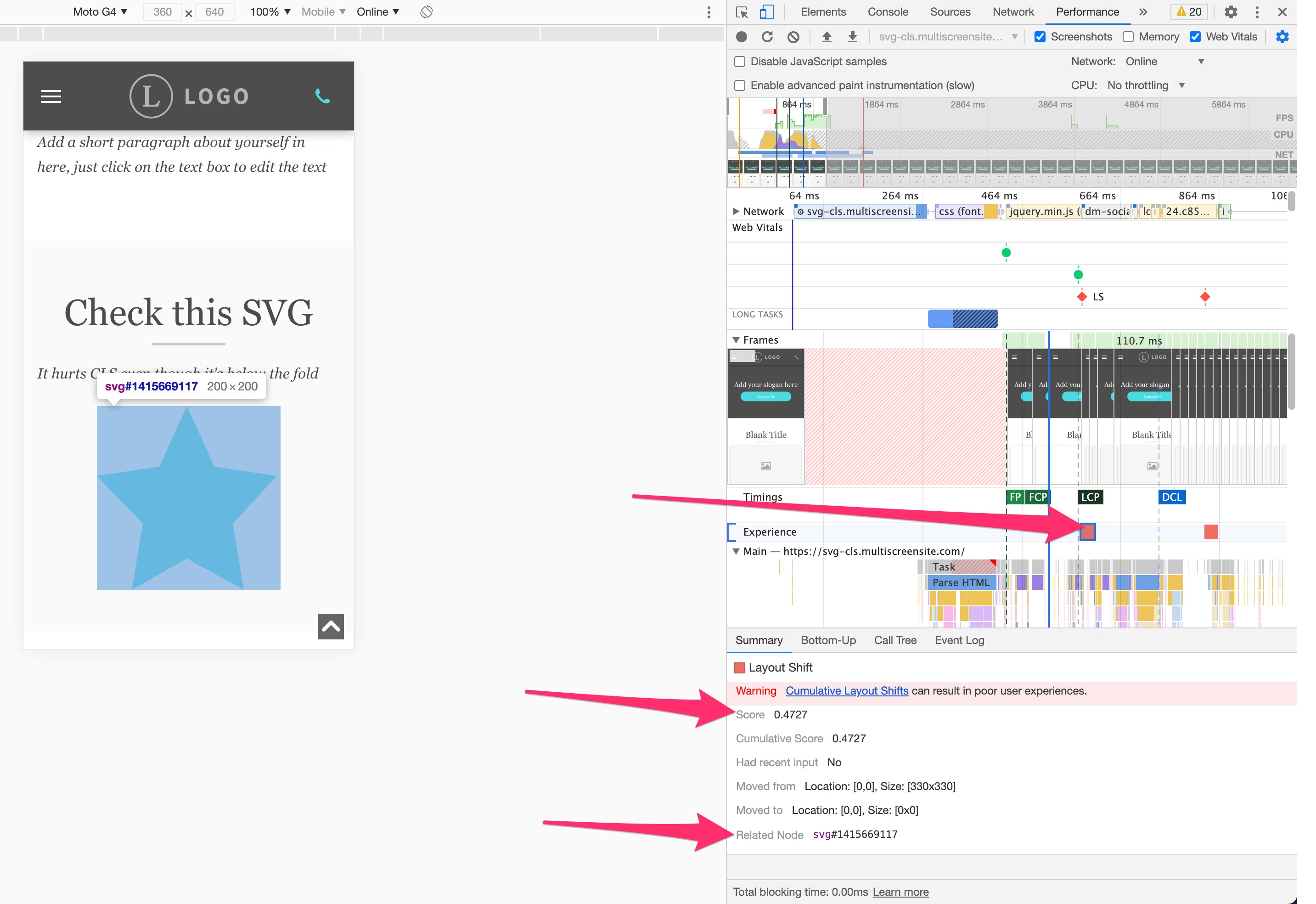 SVG elements below the fold affect CLS when running from dev tools ...