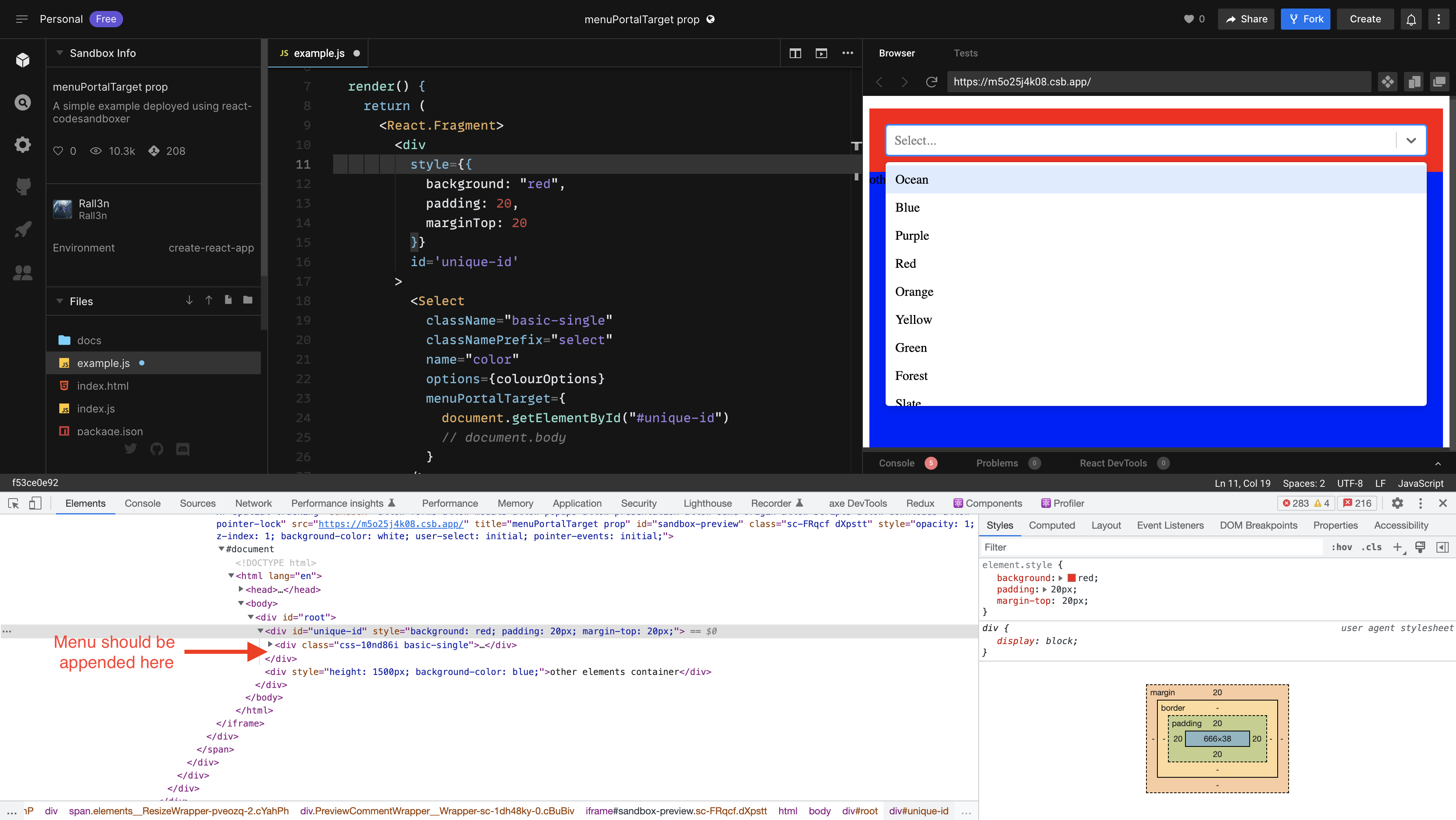How To Append Menu Using Menuportaltarget To Anything Except Body · Jedwatson React Select