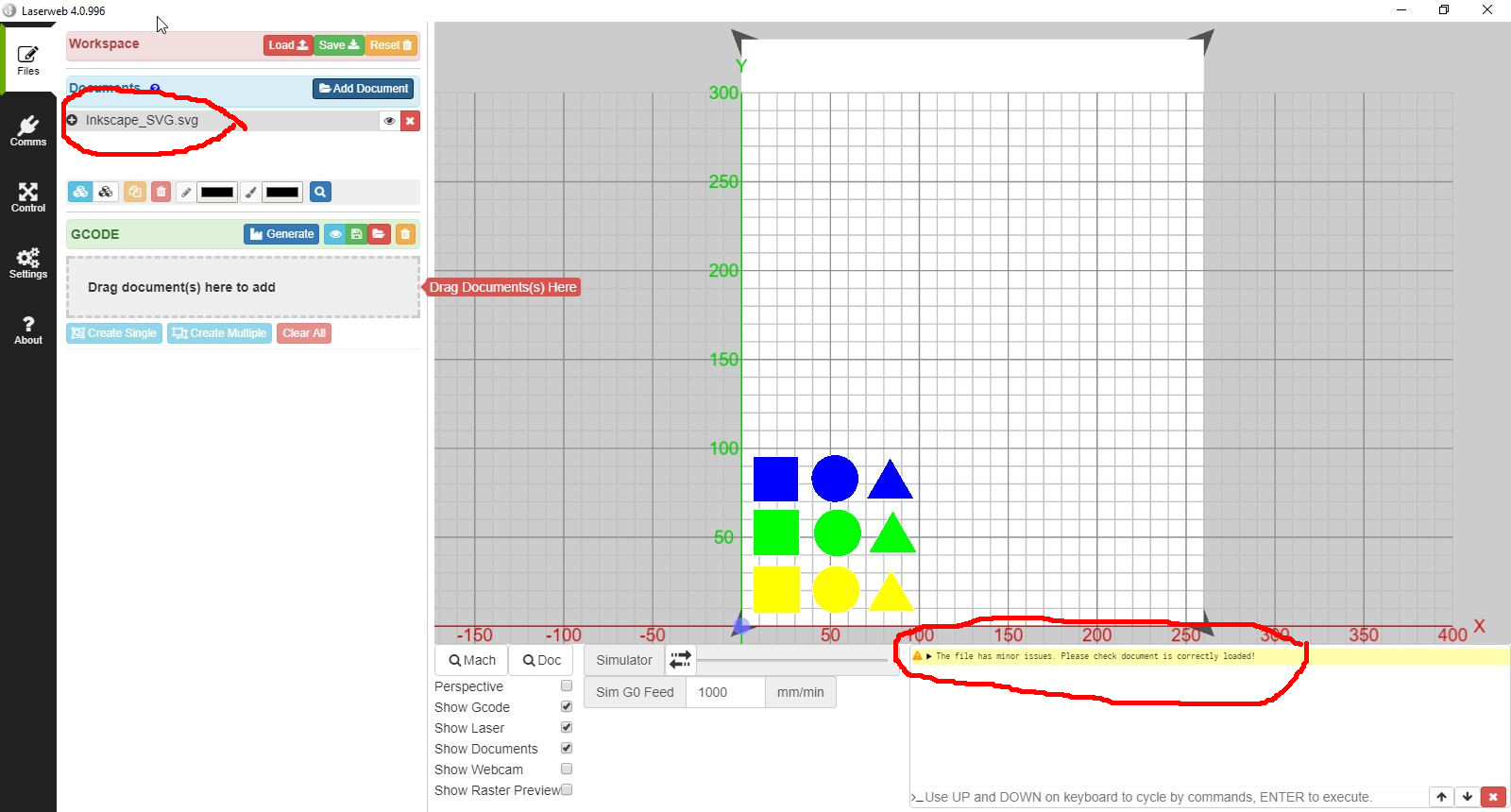 "The file has minor issues. Please check document is correctly loaded!", LaserWeb 4.0.996 error ...