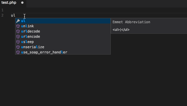 php: Order of emmet suggestions is different in php in quick suggestions vs manually triggered ...