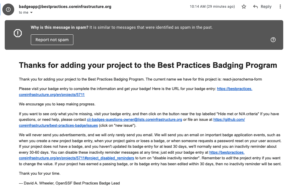 Email marked as spam by Gmail · Issue #1785 · coreinfrastructure/best-practices-badge · GitHub
