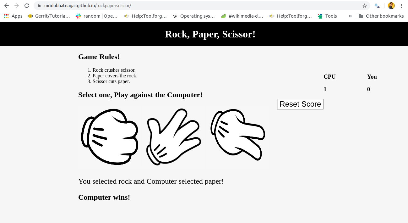 GitHub - mridubhatnagar/rockpaperscissor: Game Rock-Paper-Scissor