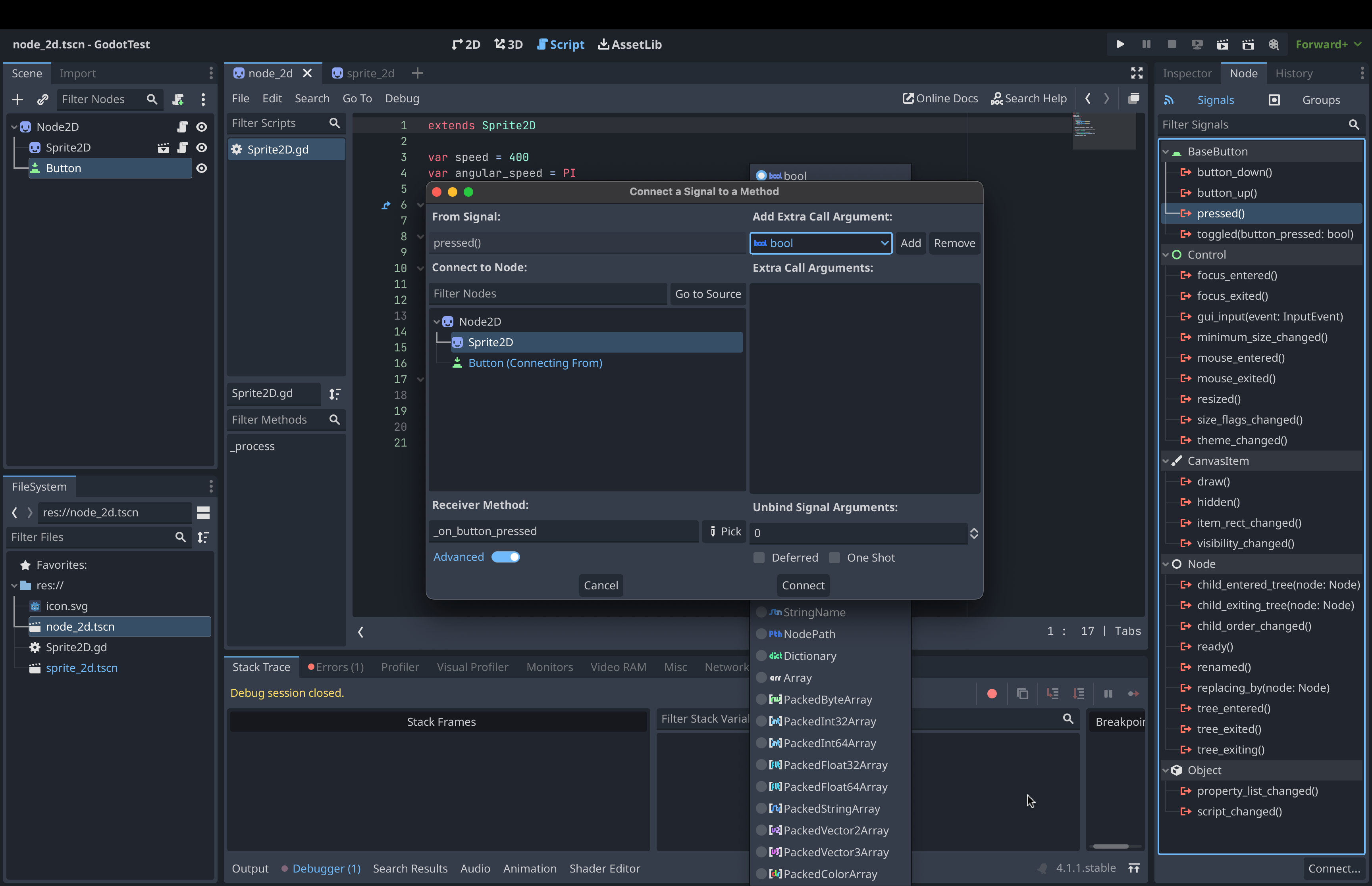 Control: "Connect Signal to a Method" -> advanced -> Add Extra Call Argument drop down renders ...