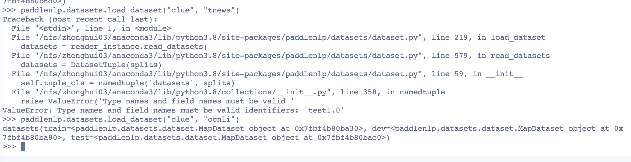 【BUG】clue tnews 在不指定 split 参数的情况下，load_datasets 会报错 · Issue #1908 · PaddlePaddle/PaddleNLP · GitHub