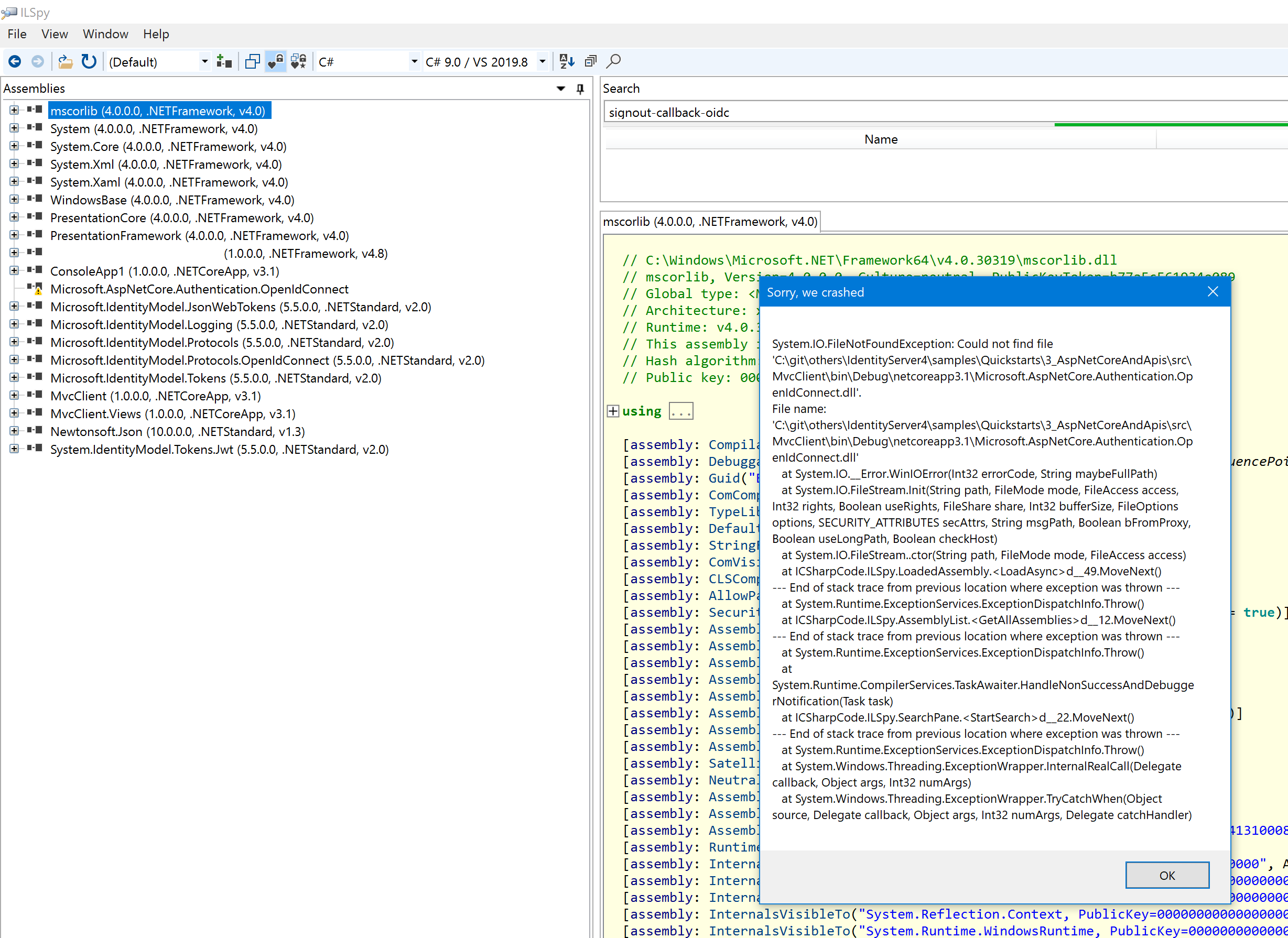 Unhandled FileNotFoundException when doing a string search when an assembly file is deleted ...