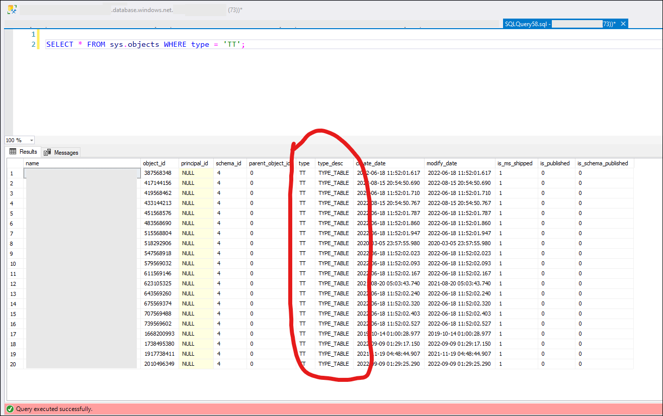 The page for sys.objects says type_desc = 'TABLE_TYPE' but it's ...