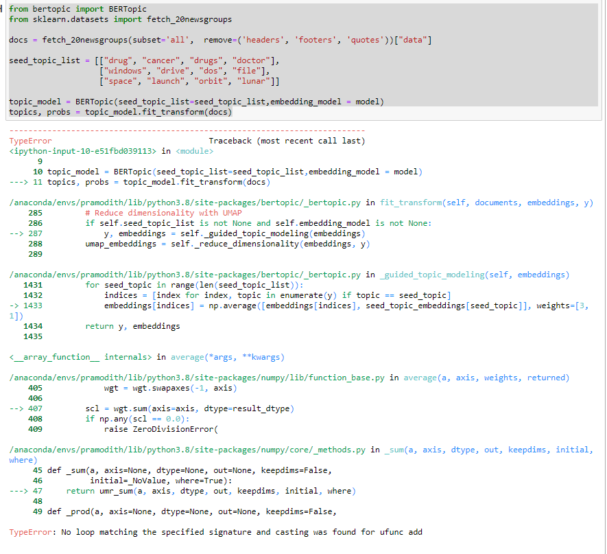 Attempt to use Seeded Topics throws an exception · Issue #221 · MaartenGr/BERTopic · GitHub