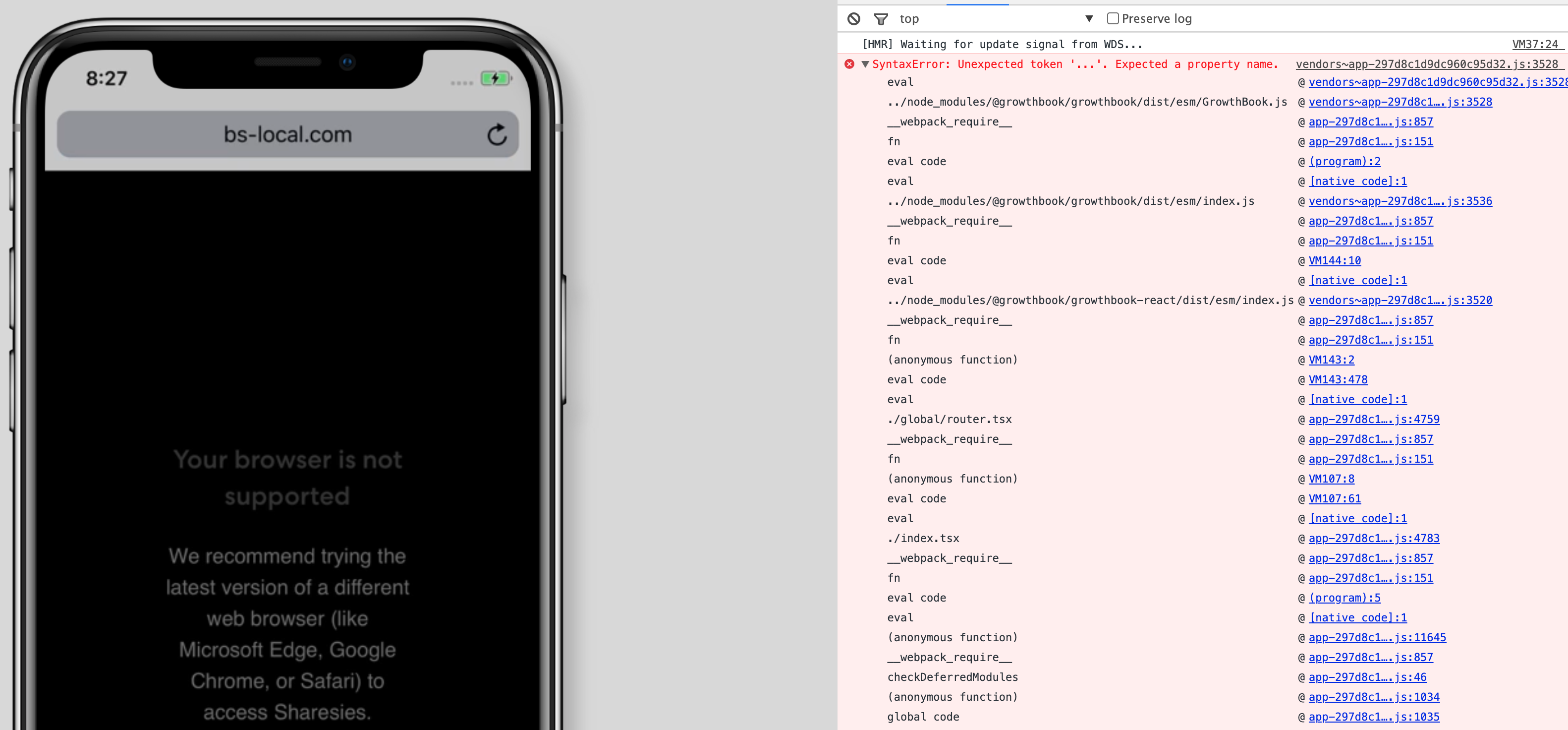 Applications using Growthbook (web/JS sdk) breaks for iOS