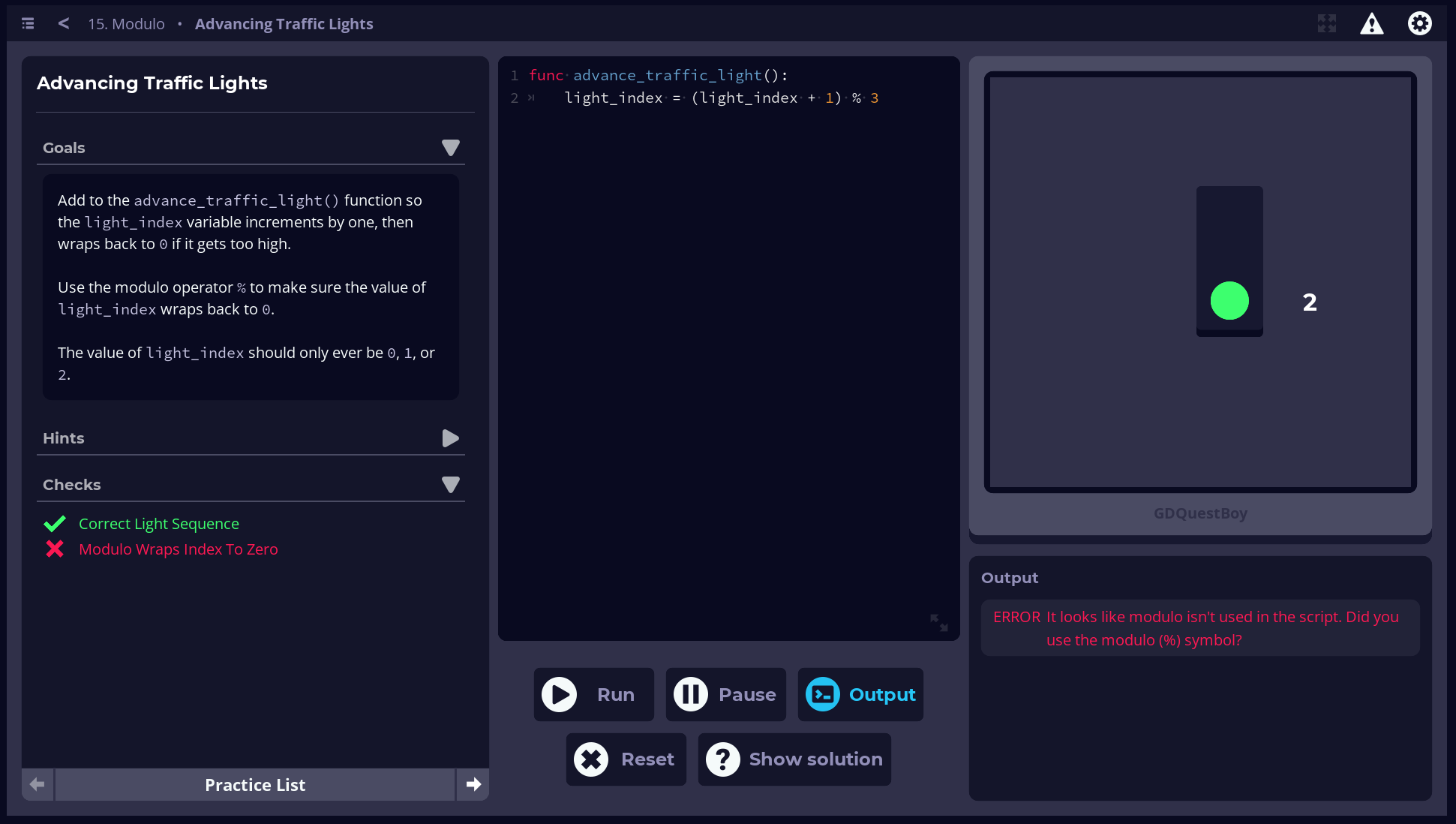 Modulo 15 Advancing traffic lights error on right solution · Issue #184 ...