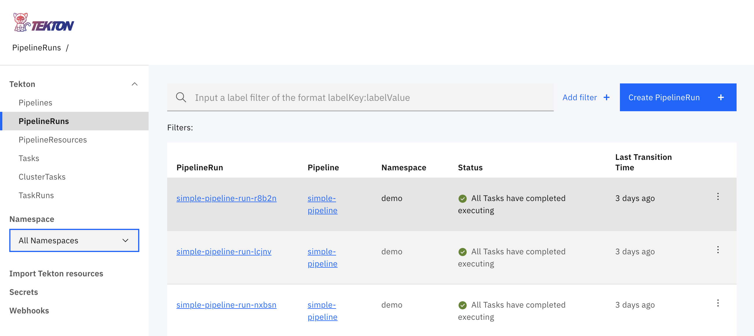 Keep namespace column when namespace is selected from the dropdown · Issue #717 · tektoncd ...