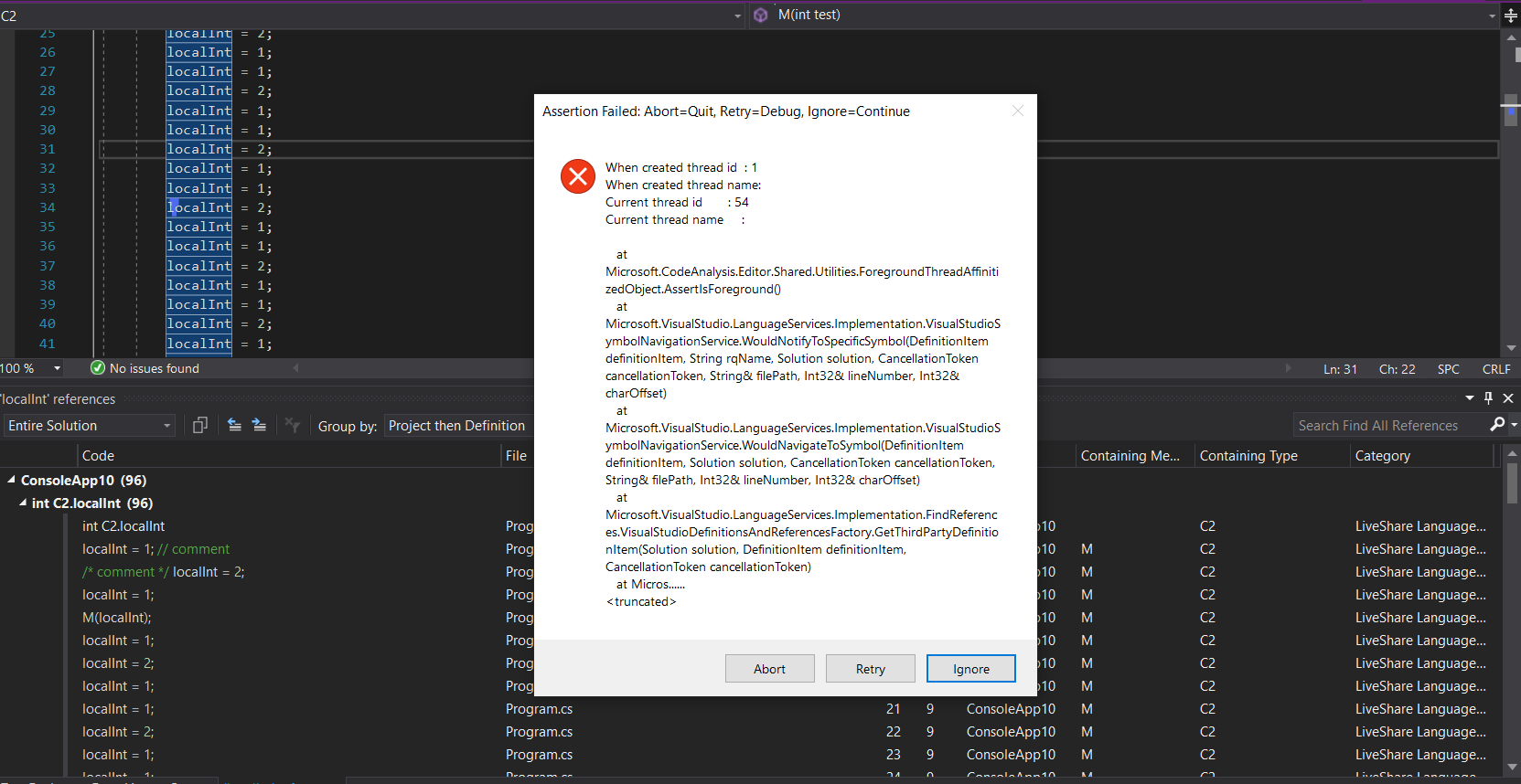 Assertion failure when invoking Find All References on the client side in Liveshare · Issue ...