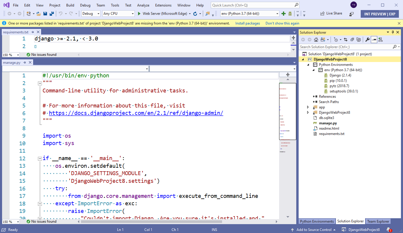 Missing package check doesn't understand django requirements · Issue #4945 · microsoft/PTVS · GitHub