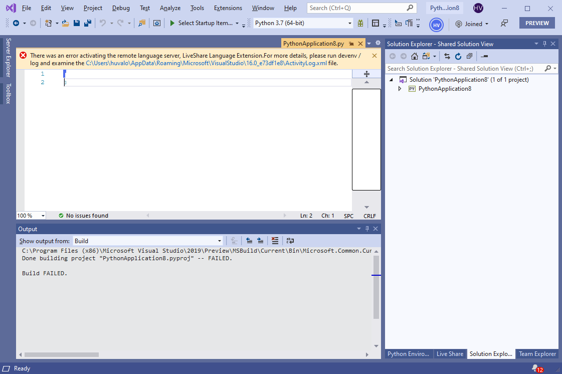 Error in LiveShare when creating new project after session has started · Issue #6029 · microsoft ...