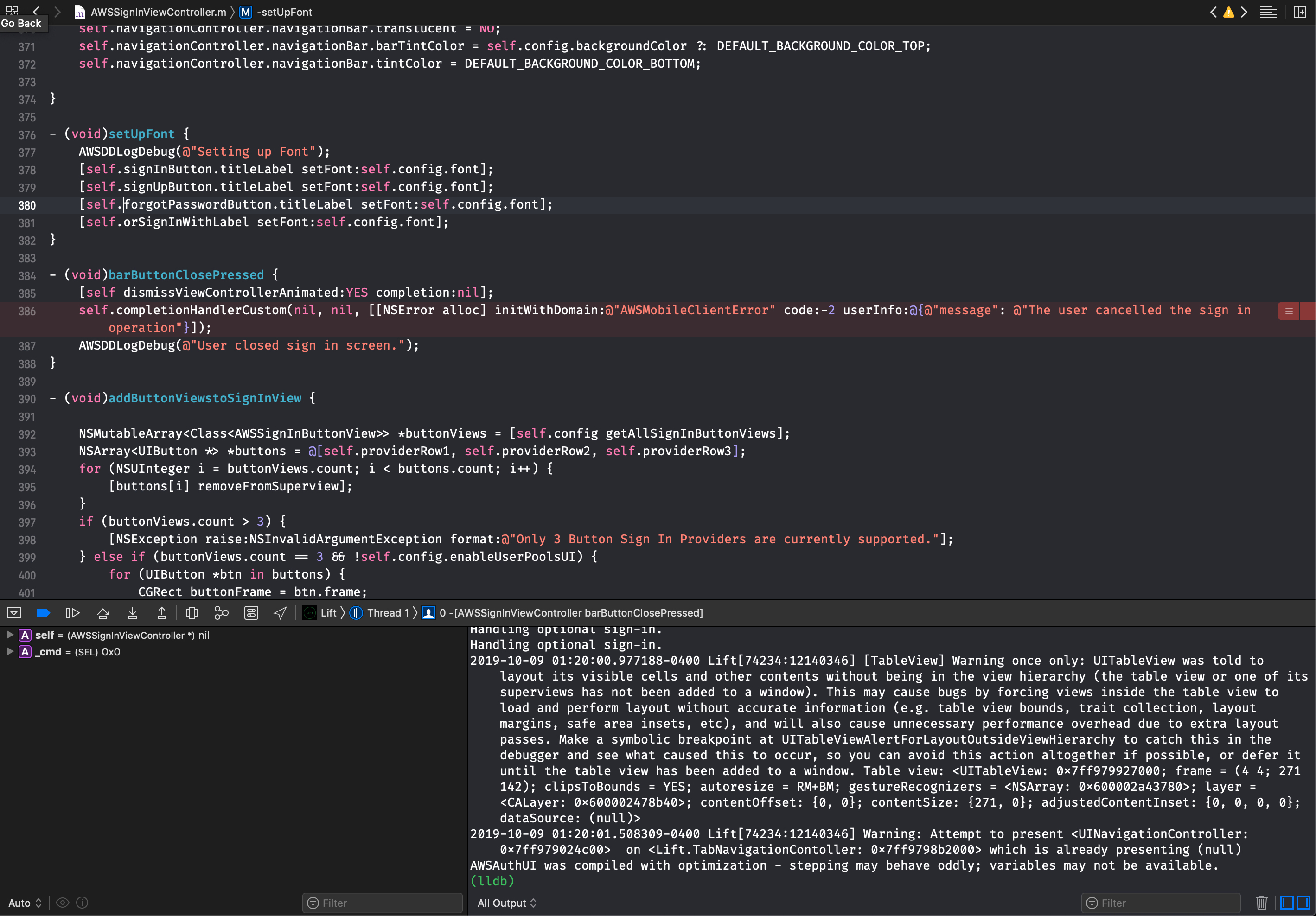 AWSAuthUIViewController crashes when pressing cancel button · Issue ...