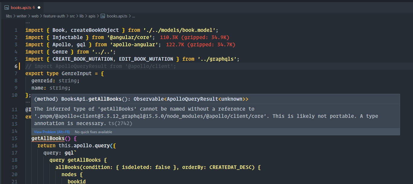The inferred type of 'getAllBooks' cannot be named without a reference to '.pnpm/@apollo+client ...