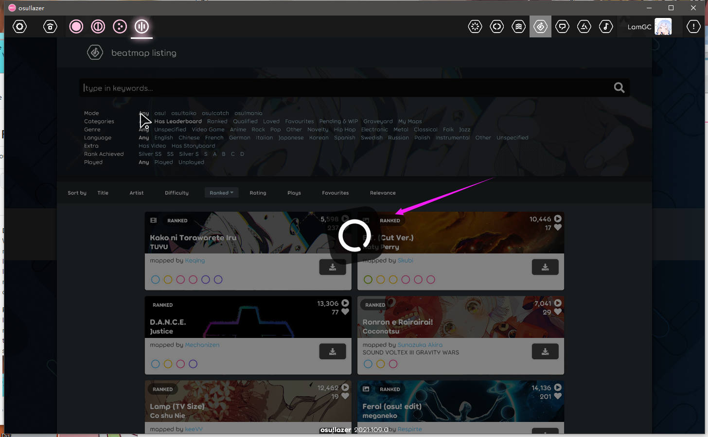 [osu!Direct / Beatmap Listing] Reloading layers should not cover the ...