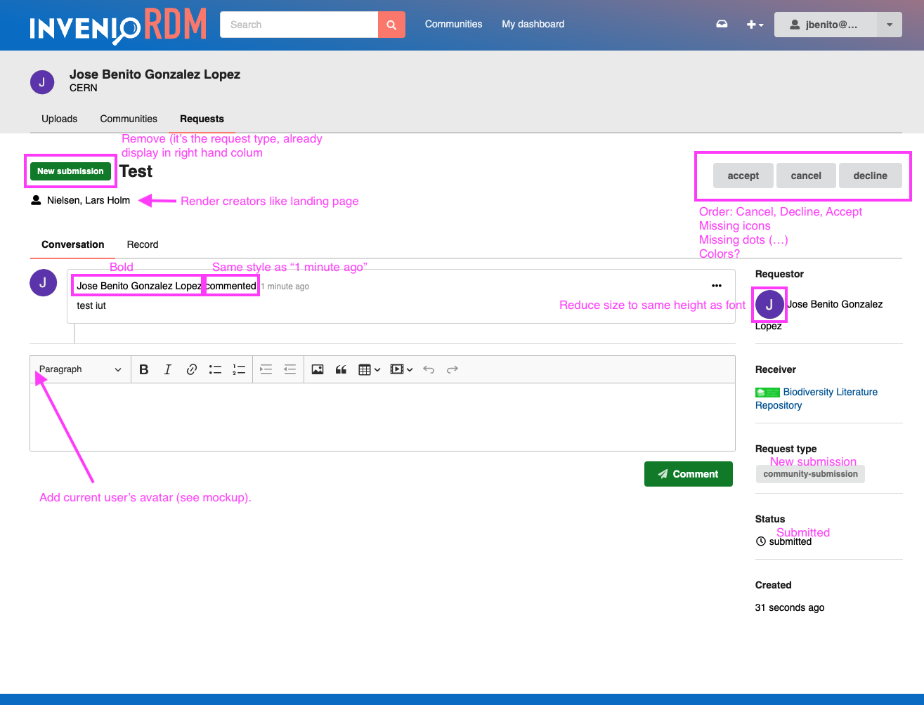 My dahshboard: Request detail page UX clean up · Issue #1588 · inveniosoftware/invenio-app-rdm ...