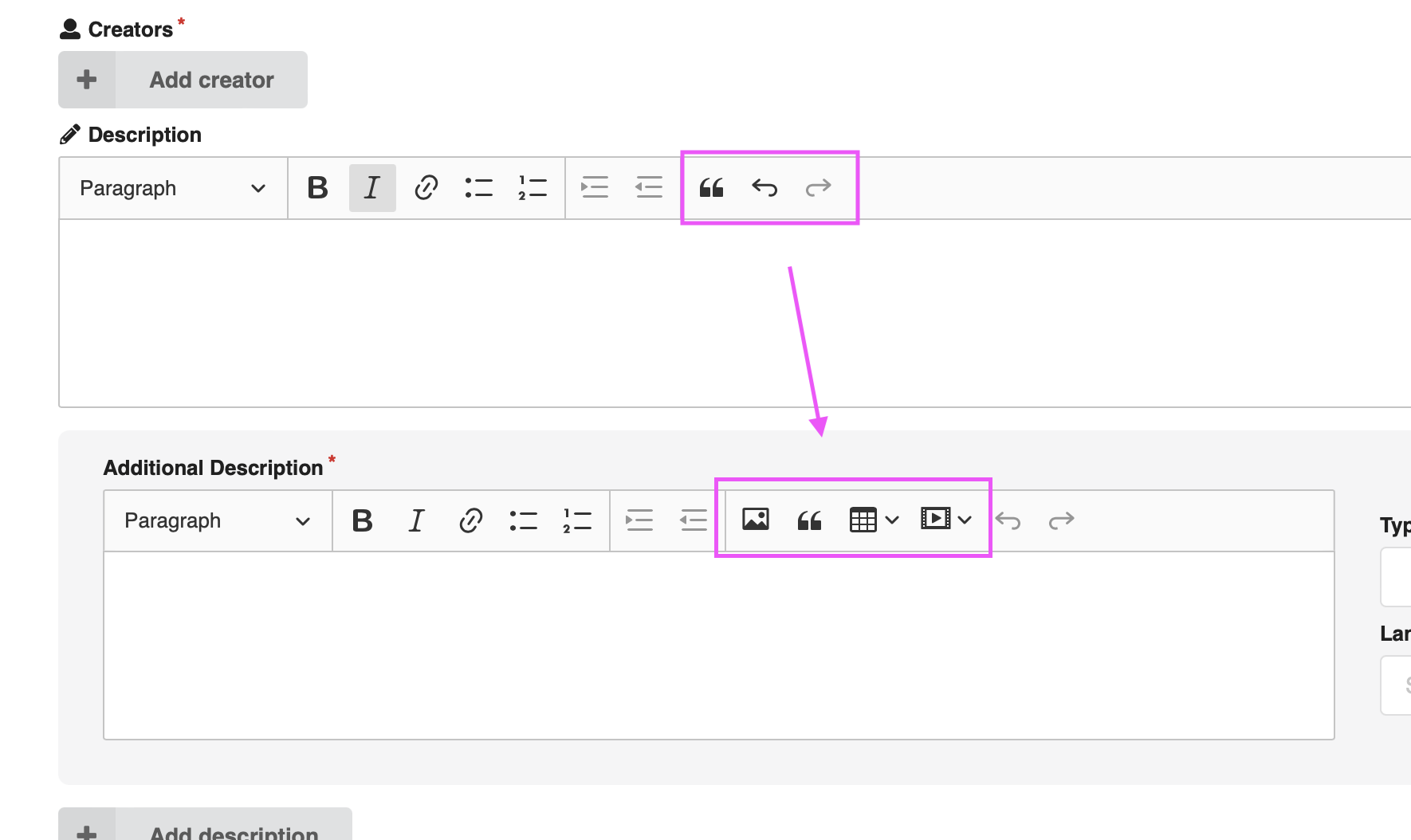 Deposit form: Inconsistent CKEditor features available in description field · Issue #1968 ...