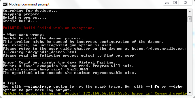 Nativescript - error: Unable to apply changes on device: 192.168.56.101:5555. Error is: Command ...