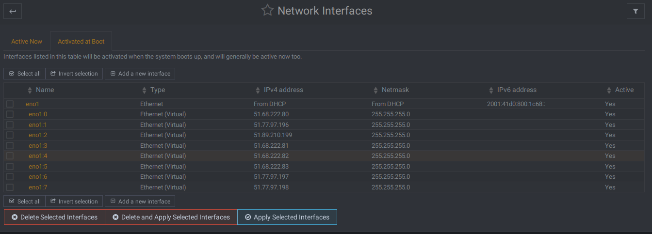 Webmin don't show all active IPv4 addresses, keeps going offline. I cant even recovery with OVH ...