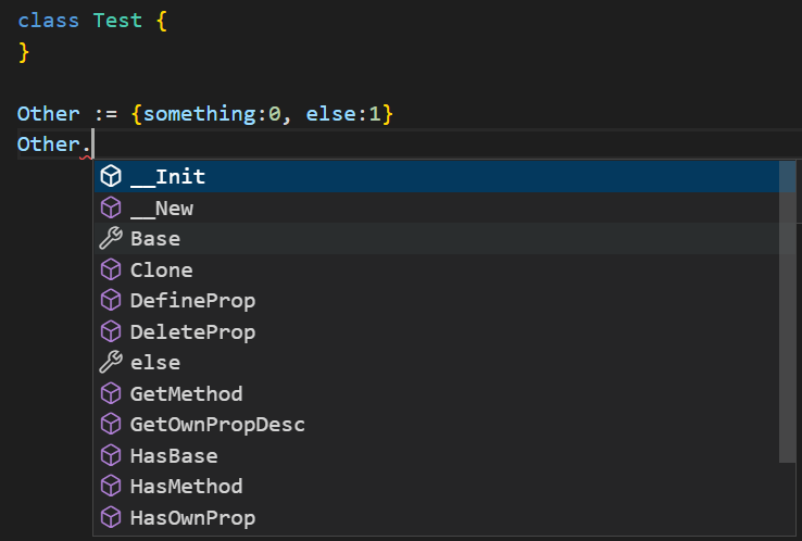 IntelliSense in Object with base property · Issue #280 · thqby/vscode-autohotkey2-lsp · GitHub