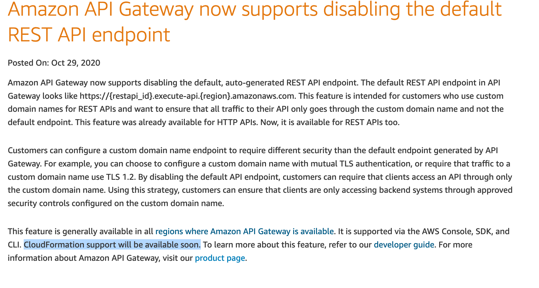Support API Gateway setting to disable the default REST API endpoint (disableExecuteApiEndpoint ...