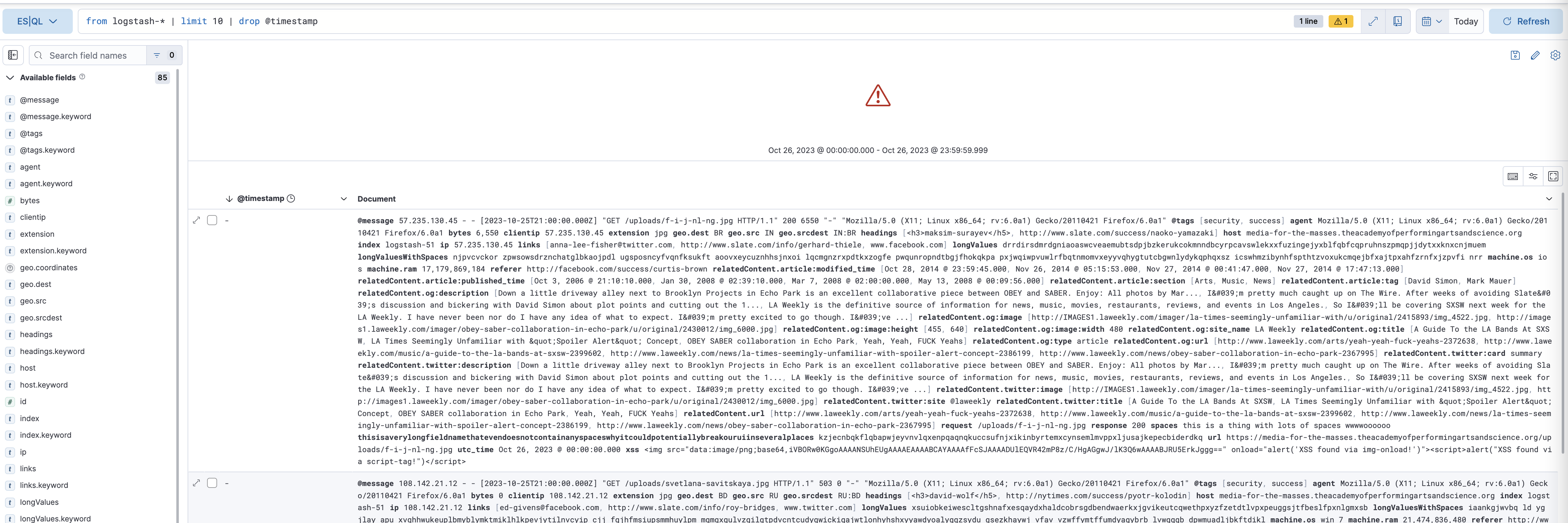 [ES|QL][Discover] Dropping the @timestamp returns errors · Issue #169907 · elastic/kibana · GitHub