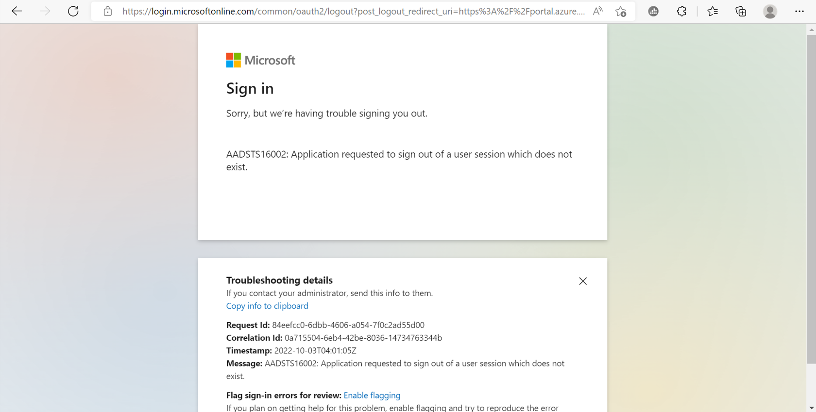 Aadsts16002 Application Requested To Sign Out Of A User Session Which Does Not Exist · Issue