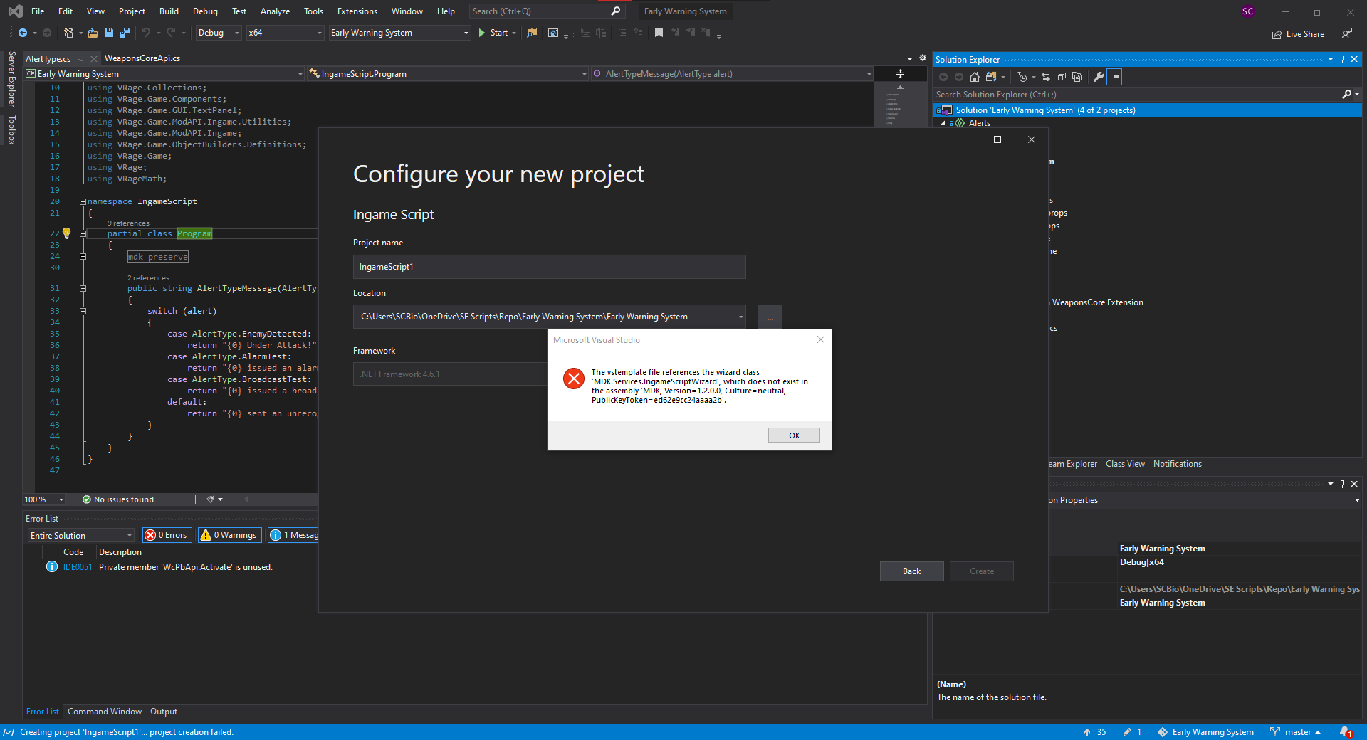 [Bug] Error Creating New Project · Issue #226 · malware-dev/MDK-SE · GitHub