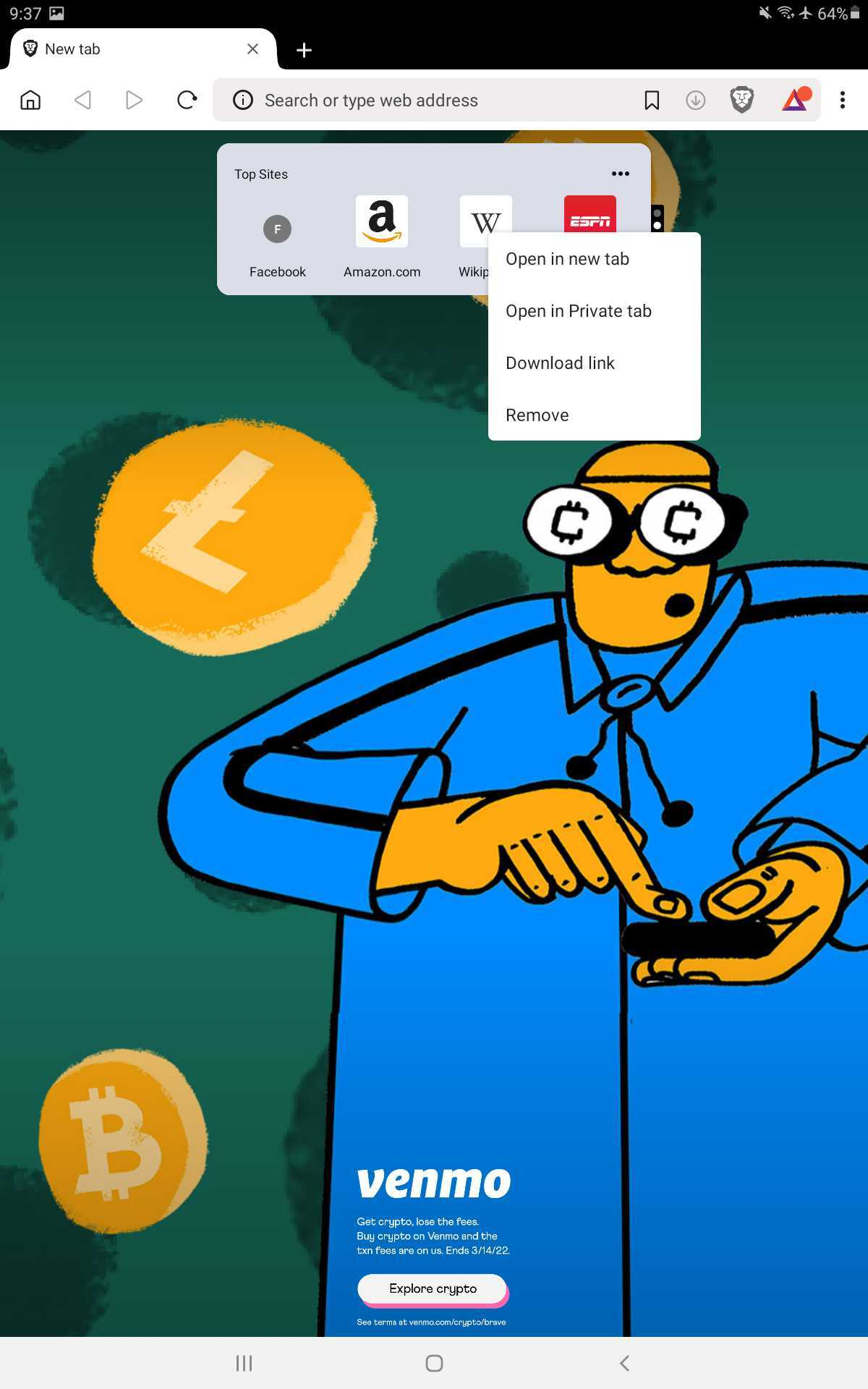 `Open in new tab in group` option is shown upon long press on any top ...