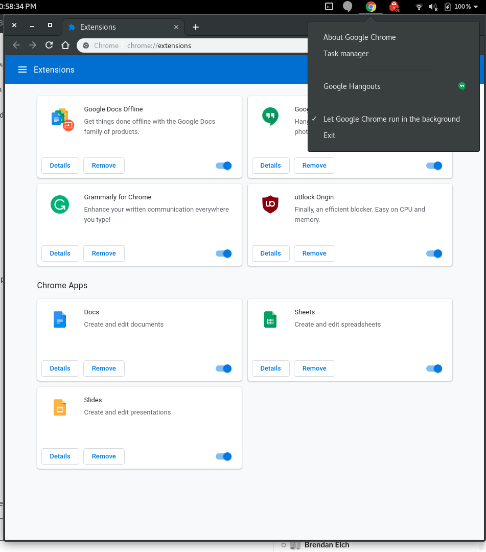 Browser process keeps running even after browser close, when 'Hangouts ...
