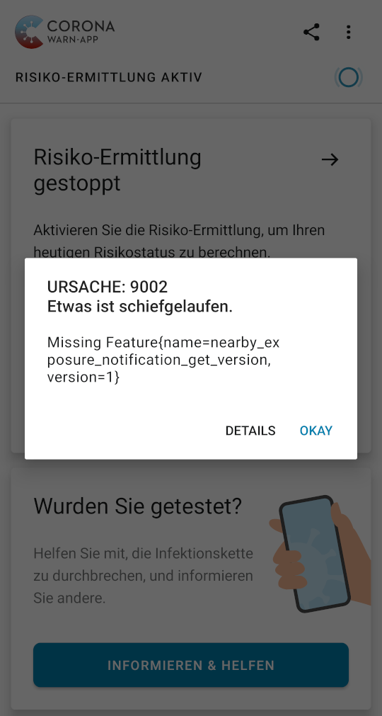 [de.rki.coronawarnapp] UnsupportedApiCallException nearby_exposure_notification_get_version ...