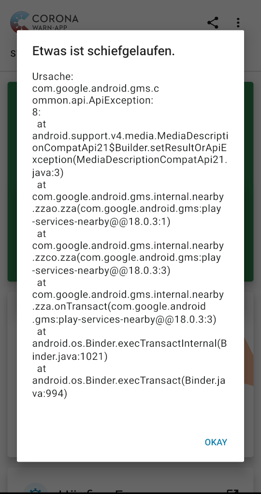 [de.rki.coronawarnapp] UnsupportedApiCallException nearby_exposure_notification_get_version ...