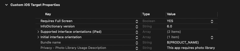 How to add `NSCameraUsageDescription` to config so that it will appear in the Xcode project ...