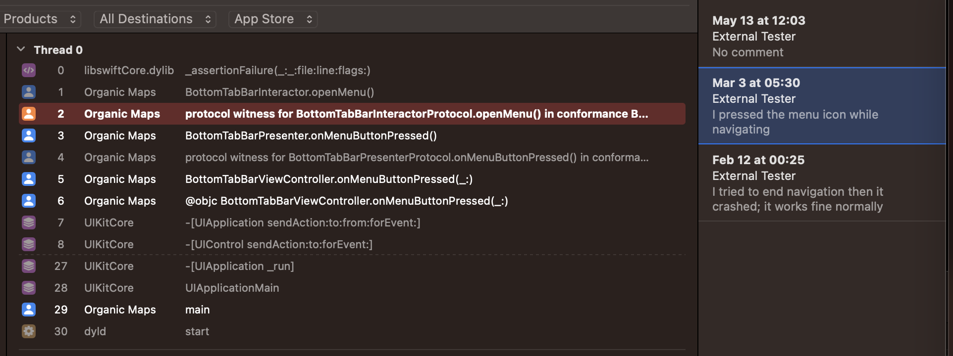 [ios] Crash on menu click while navigation is active · Issue #5246 · organicmaps/organicmaps ...